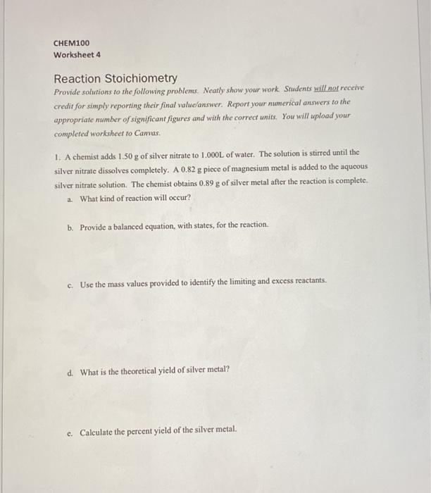 Solved CHEM100 Worksheet 4 Reaction Stoichiometry Provide | Chegg.com