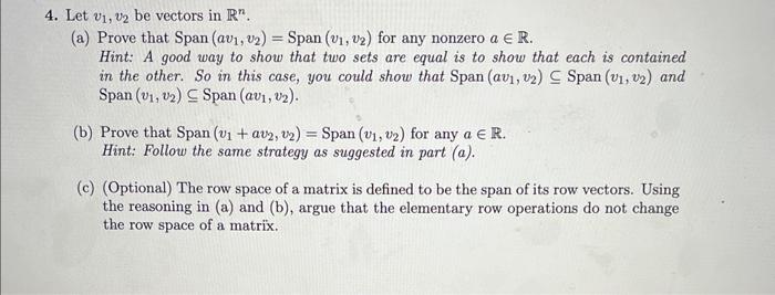 Solved 4 Let V1 V2 Be Vectors In Rn A Prove That
