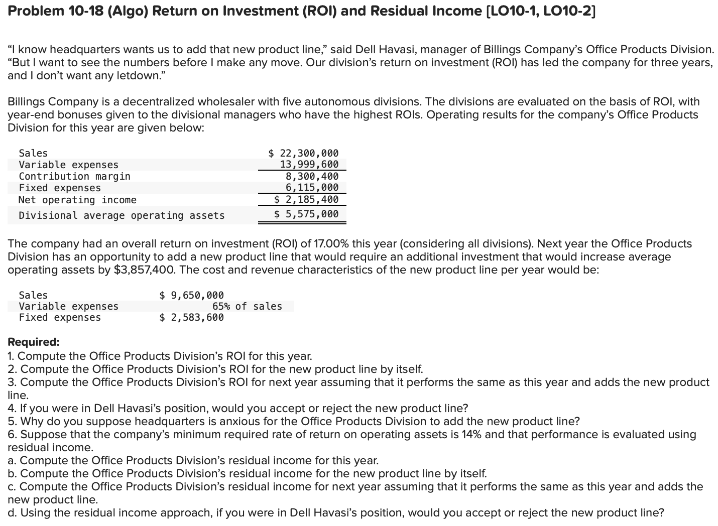 Solved Problem 10-18 (Algo) ﻿Return on Investment (ROI) ﻿and | Chegg.com