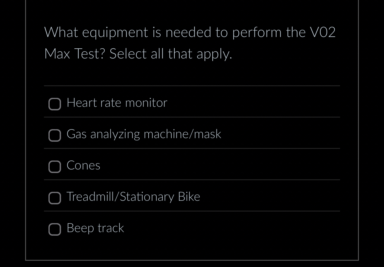 Solved What equipment is needed to perform the V02Max Test? | Chegg.com