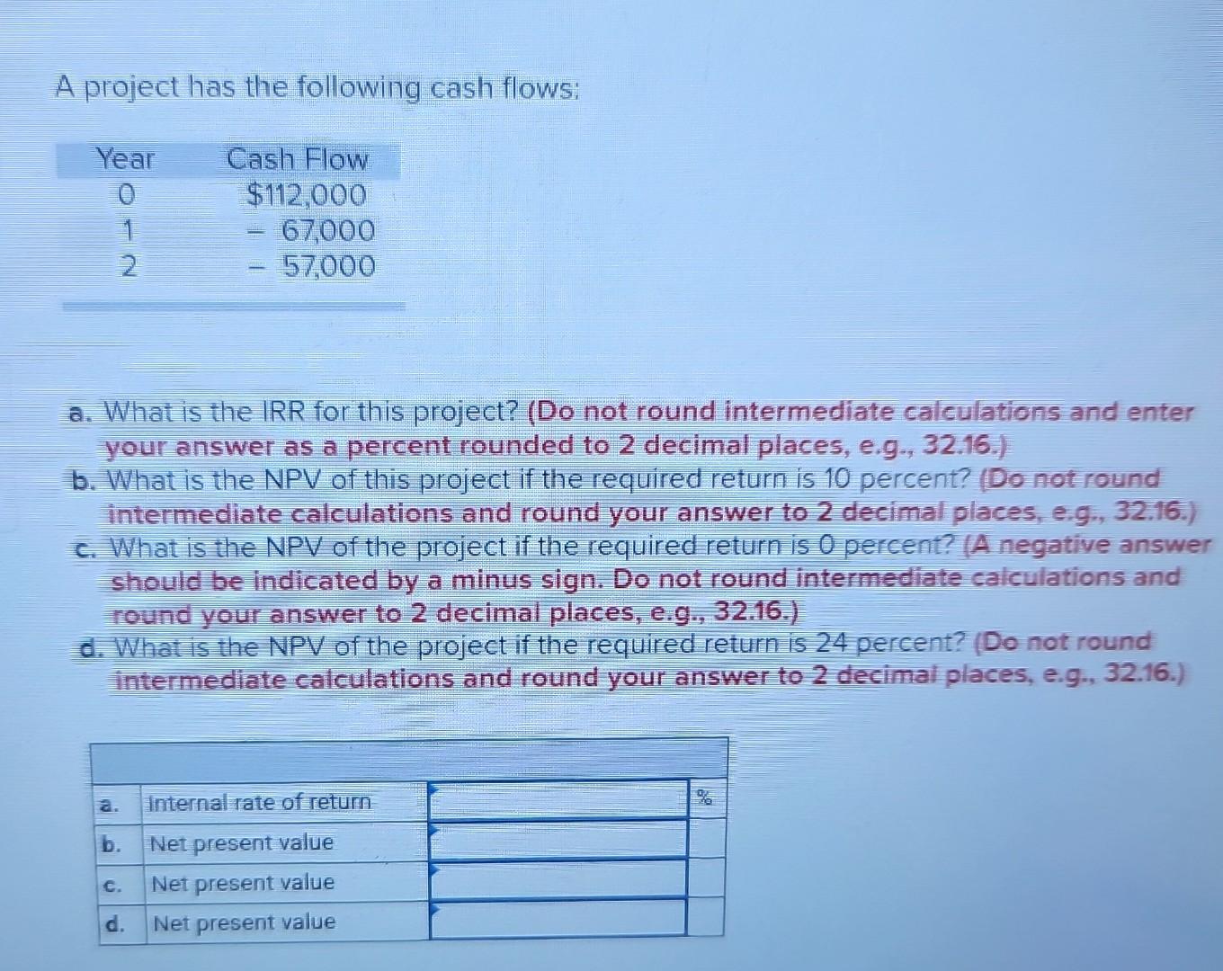 Solved A project has the following cash flows: a. What is | Chegg.com