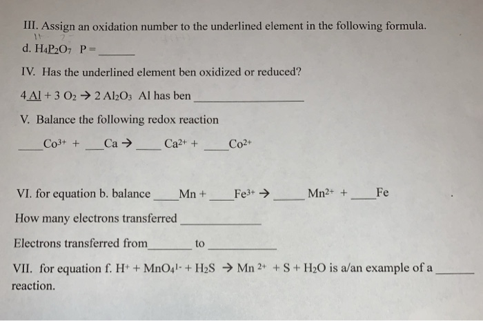 Solved III. Assign an oxidation number to the underlined | Chegg.com