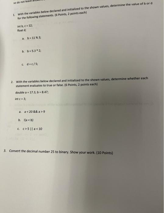 Solved so do not leave 1. with the variables below declared | Chegg.com