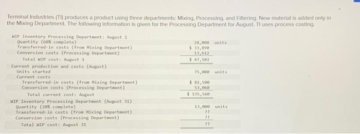 Solved Terminal Industries (T) produces a product using | Chegg.com