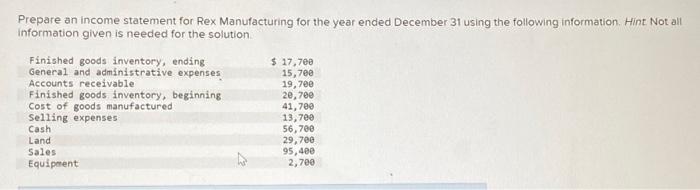 Solved Prepare an income statement for Rex Manufacturing for | Chegg.com
