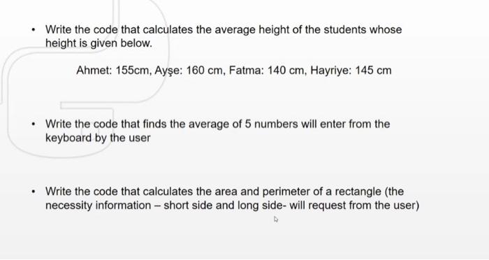 Solved - Write the code that calculates the average height | Chegg.com