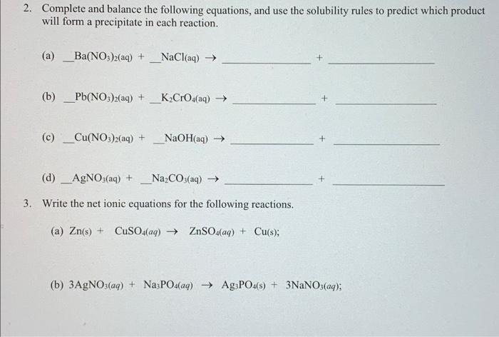 Solved 2. Complete and balance the following equations, and | Chegg.com