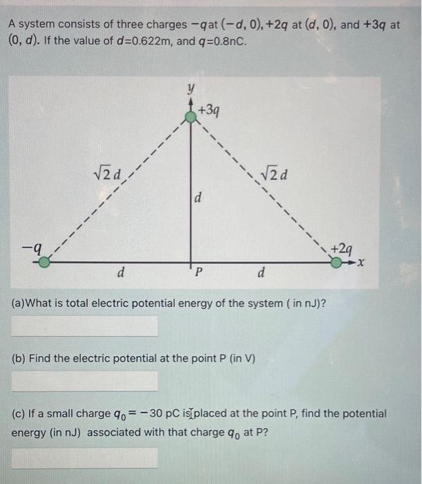 Solved A system consists of three charges −q at (−d,0),+2q | Chegg.com