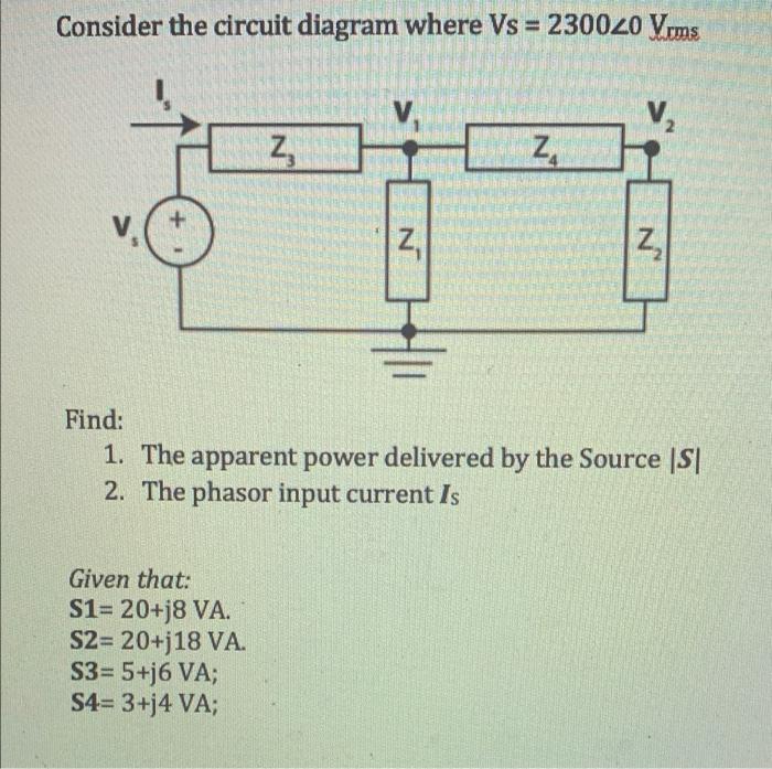 Solved Consider the circuit diagram where Vs = 230020 Vrms. | Chegg.com