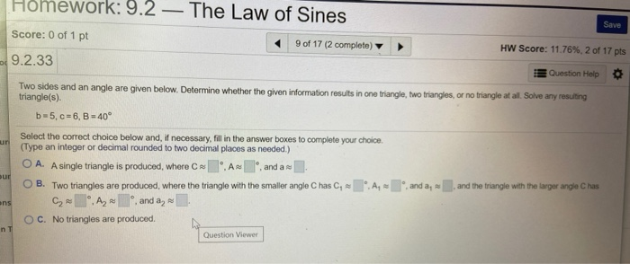 Solved Save Homework: 9.2 — The Law of Sines Score: 0 of 1 | Chegg.com