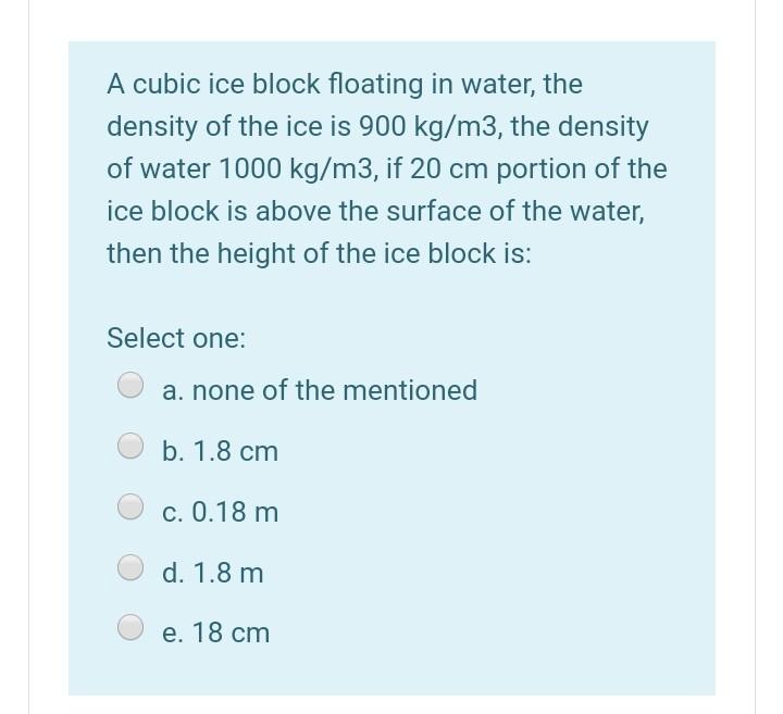 Solved A cubic ice block floating in water, the density of | Chegg.com