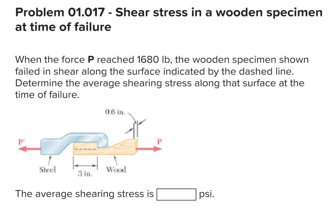 Solved Problem 01.017 - Shear stress in a wooden specimen at | Chegg.com