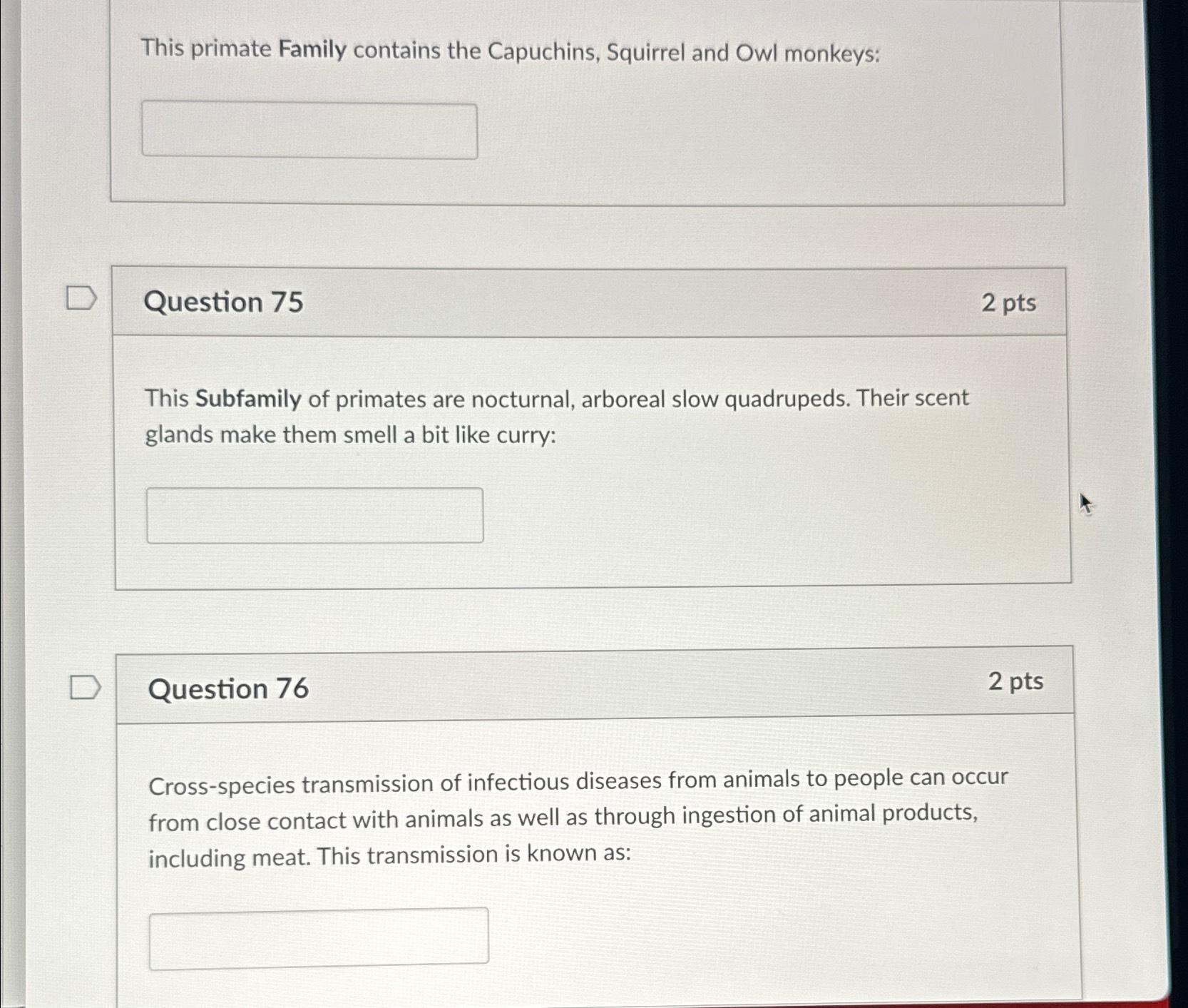 Solved This primate Family contains the Capuchins, Squirrel | Chegg.com