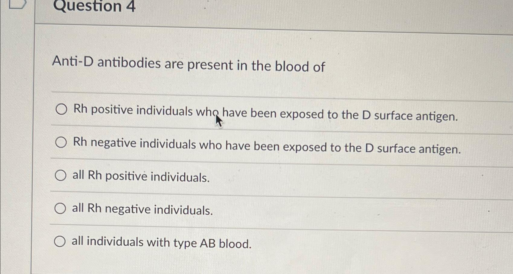 Solved Question 4Anti-D antibodies are present in the blood | Chegg.com