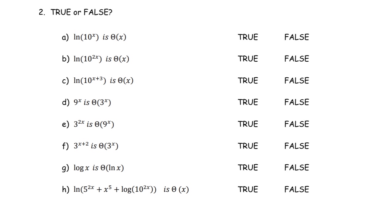 Solved TRUE or FALSE?\table[[a) ln(10x) ﻿is | Chegg.com