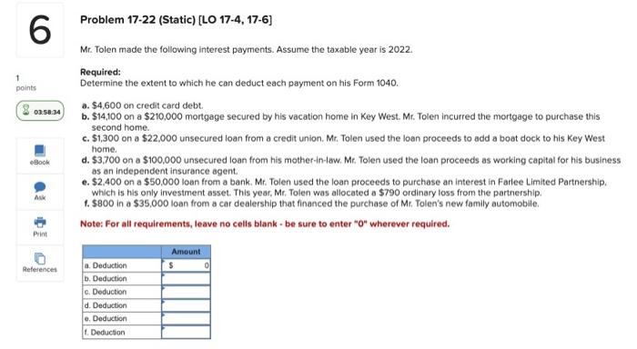 Solved Problem 17-22 (Static) [LO 17-4, 17-6] Mr. Tolen made | Chegg.com
