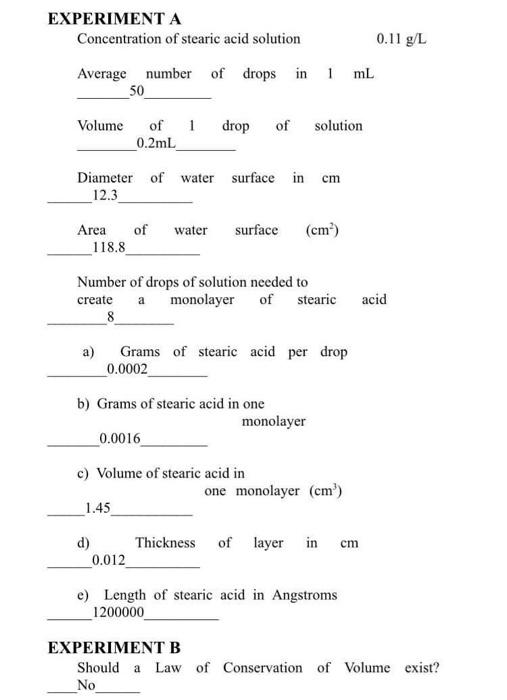 Solved EXPERIMENT A Concentration of stearic acid solution | Chegg.com