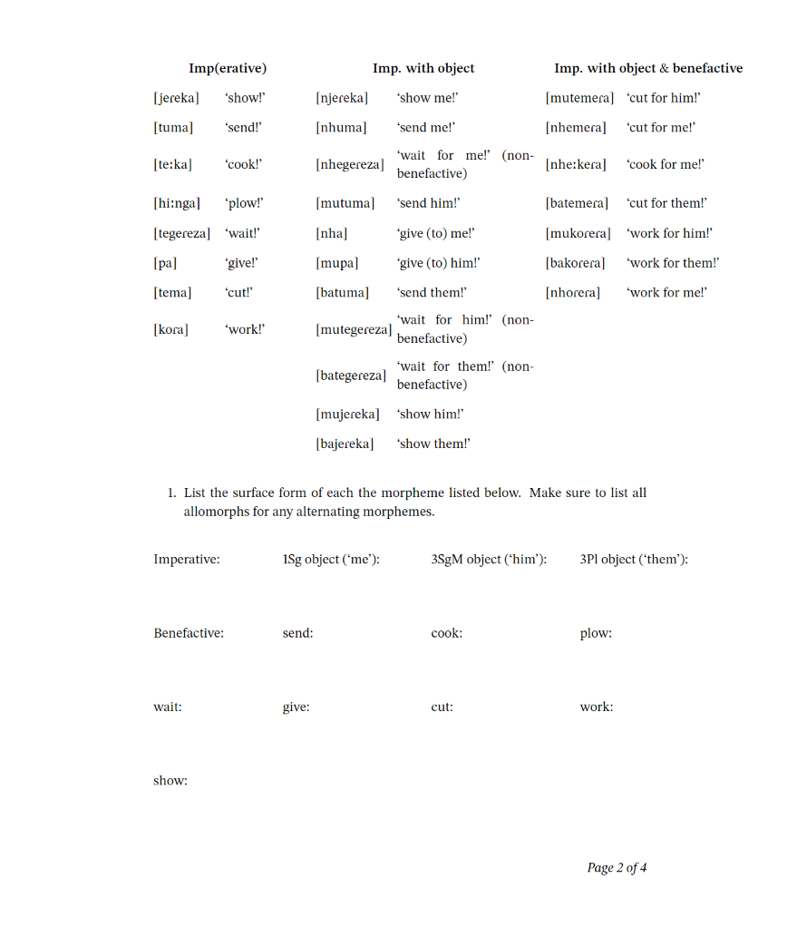 Solved List the surface form of each the morpheme listed | Chegg.com