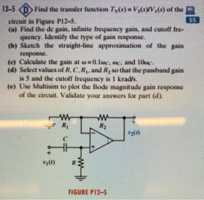 Solved SS 12–5 Find the transfer function TV(3)=V:(90,0) of | Chegg.com