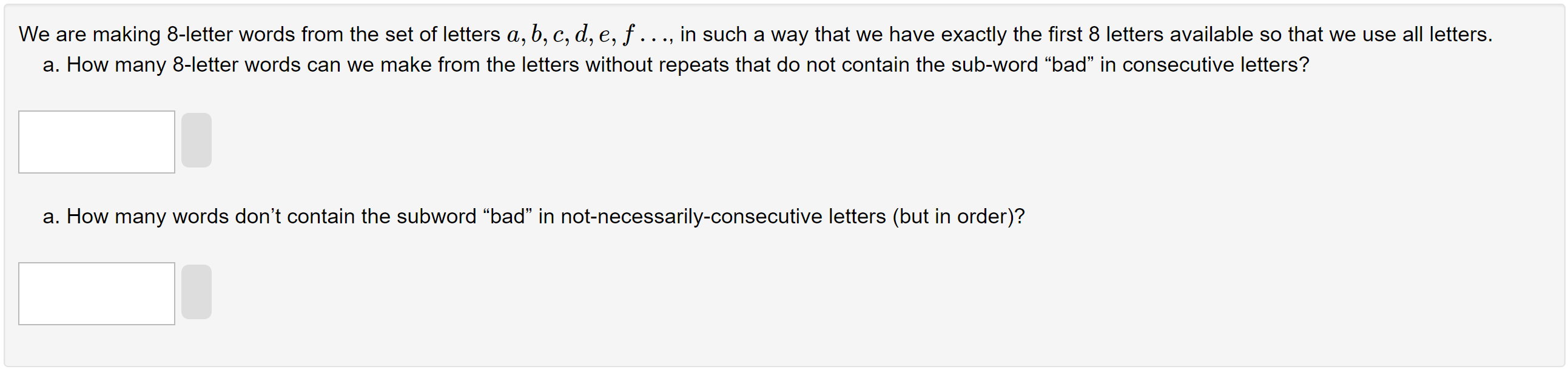 Solved We are making 8-letter words from the set of letters | Chegg.com