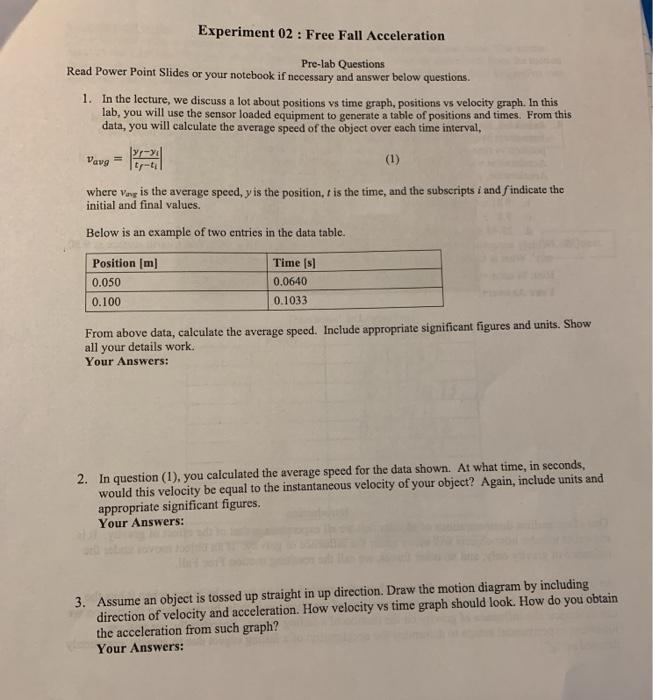 Solved Experiment 02: Free Fall Acceleration Pre-lab | Chegg.com