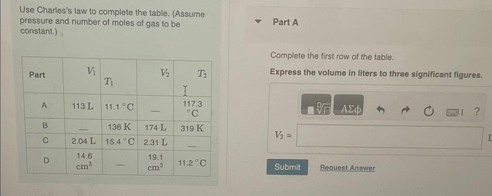 Solved Use Charles's law to complete the table. (Assume | Chegg.com