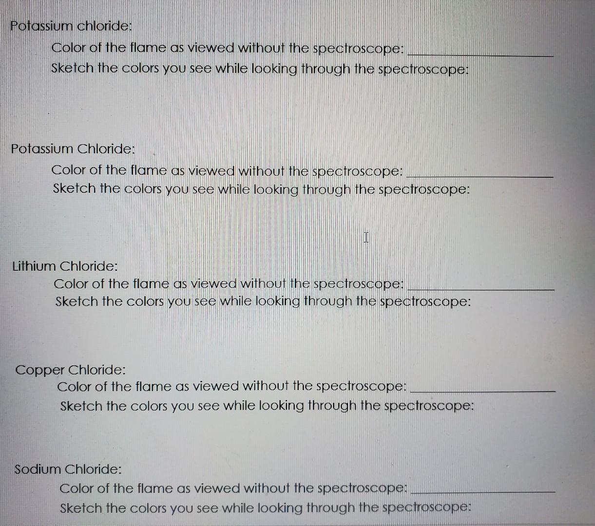 Solved Potassium chloride: Color of the flame as viewed | Chegg.com