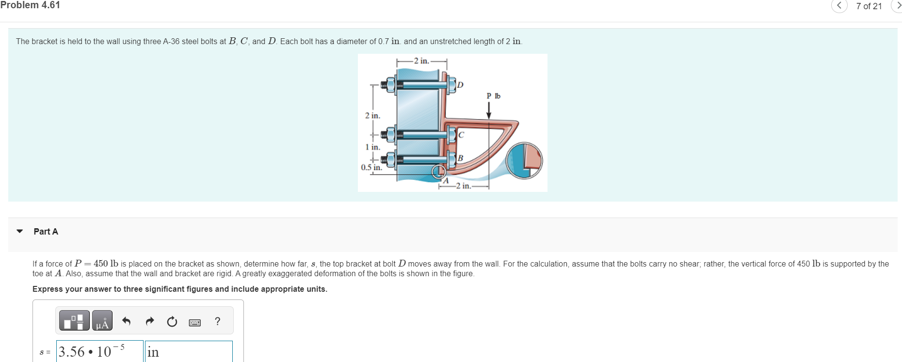 Solved Problem 4.617 ﻿of 21The bracket is held to the wall | Chegg.com