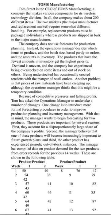 Solved TOMS Manufacturing Tom Street is the CEO of TOMS | Chegg.com