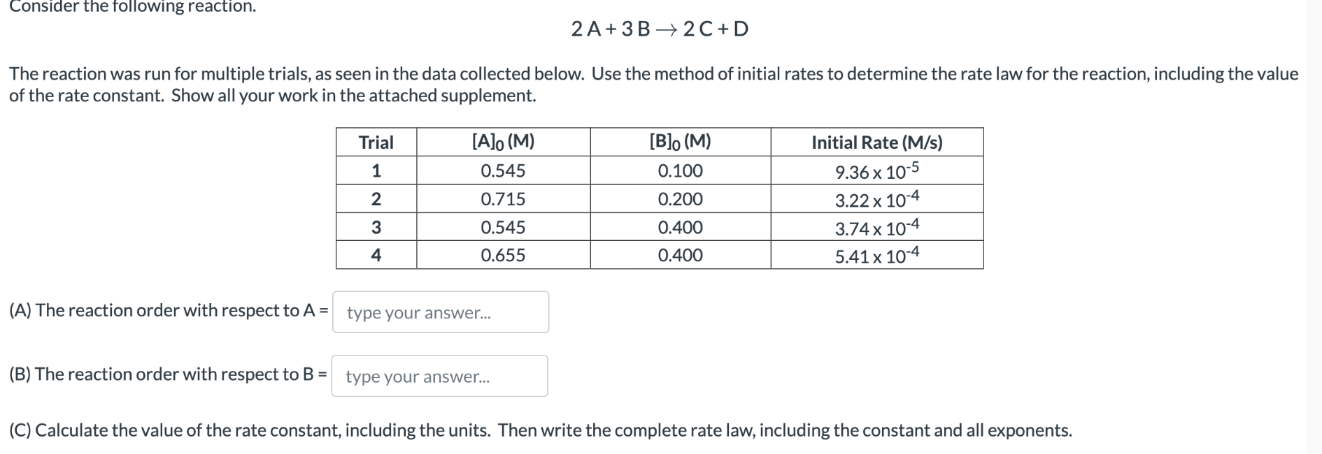Solved Consider the following reaction.2A+3B→2C+DThe | Chegg.com