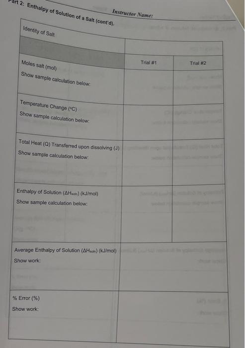Enthalpy of SolıtionSrudent Name; Instructor Names | Chegg.com