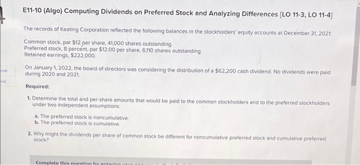Solved E11-10 (Algo) Computing Dividends on Preferred Stock | Chegg.com