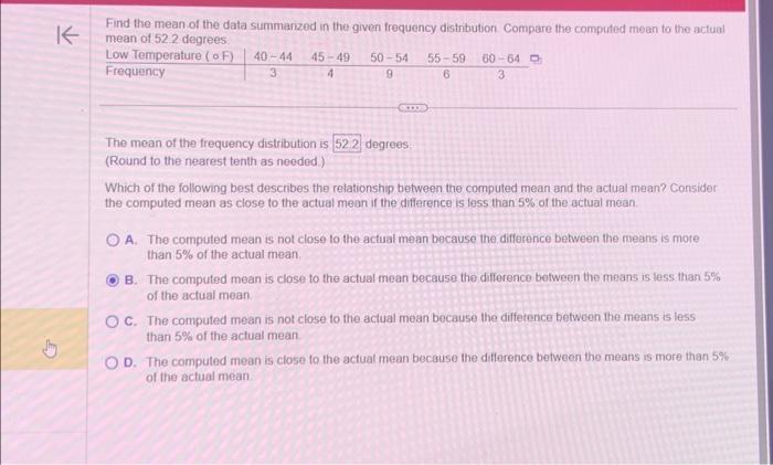 Solved Find the mean of the data summarized in the given | Chegg.com