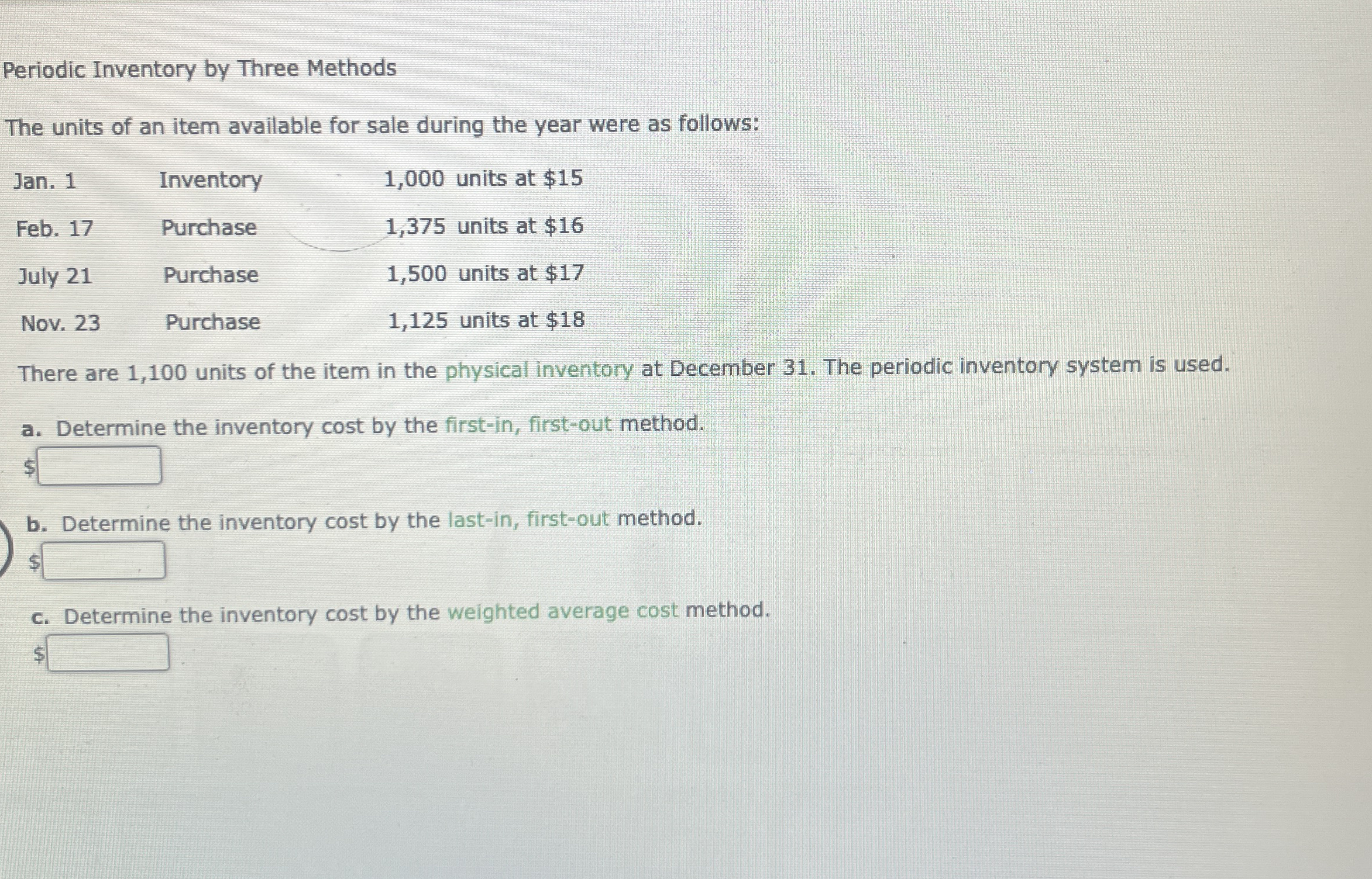 Solved Periodic Inventory by Three MethodsThe units of an | Chegg.com