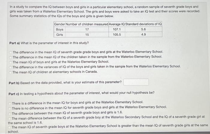 Solved In a study to compare the IQ between boys and girls | Chegg.com