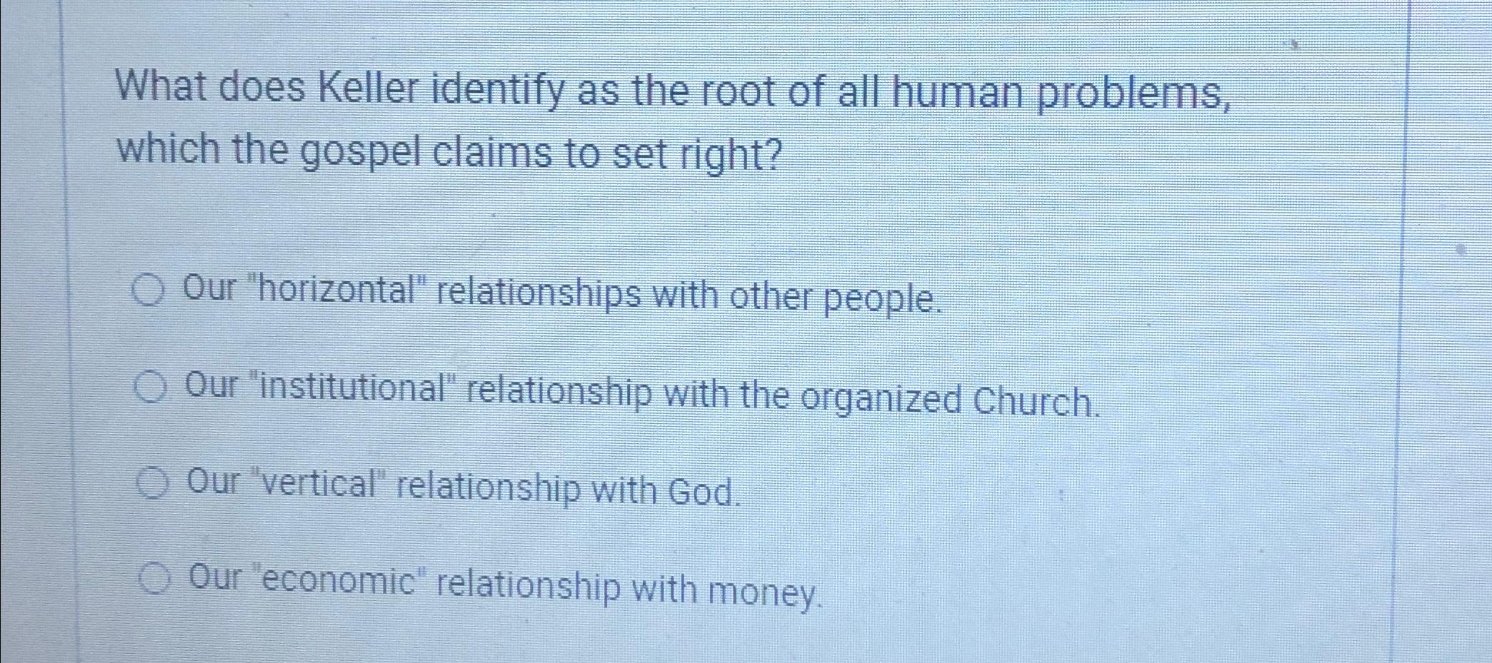 Solved What does Keller identify as the root of all human | Chegg.com