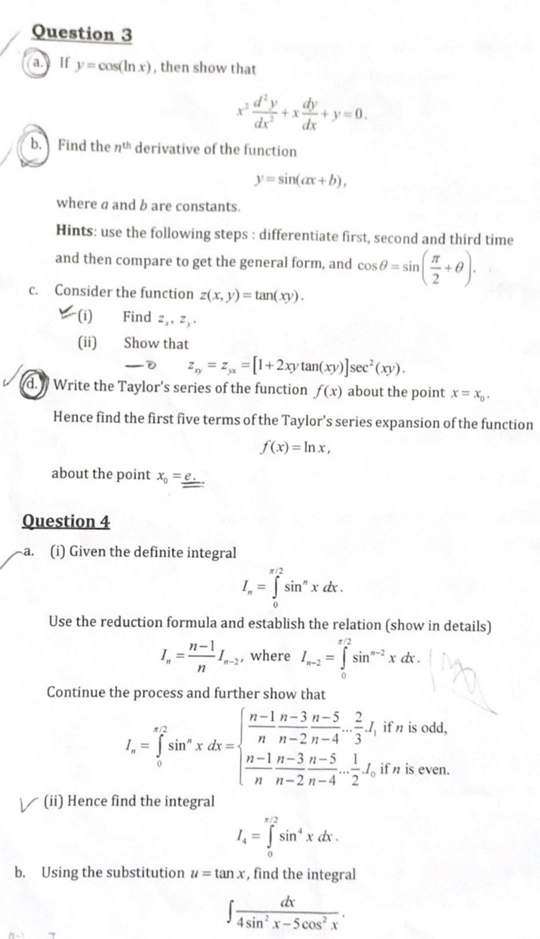 Solved Question 3a.) ﻿If y=cos(lnx), ﻿then show | Chegg.com