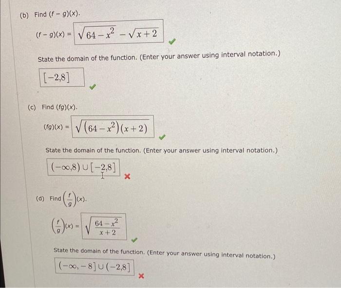 Solved Consider the following functions. f(x)=64−x2,g(x)=x+2 | Chegg.com
