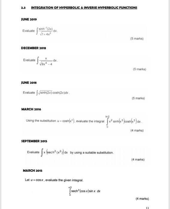 Solved 2.3 INTEGRATION OF HYPERBOLIC & INVERSE HYPERBOLIC | Chegg.com