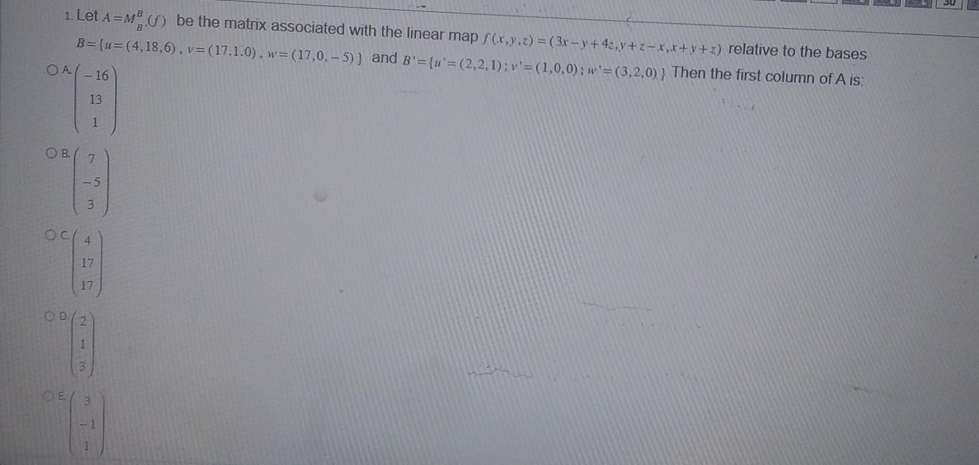 Solved 1. Let A=MBB,(f) be the matrix associated with the | Chegg.com