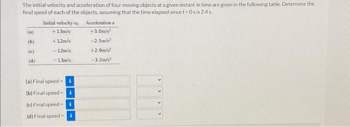 The initial velocity and acceleration of four moving | Chegg.com