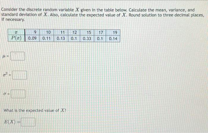 Solved Consider the discrete random variable X given in the | Chegg.com