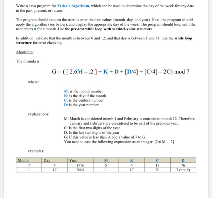 Solved Write a Java program for Zeller's Algorithm, which | Chegg.com