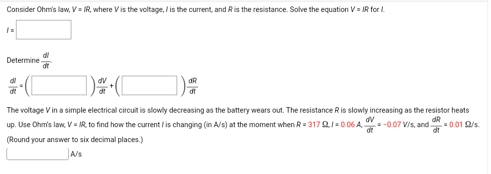 Solved Consider Ohm's law, V=IR, where V is the voltage, l | Chegg.com