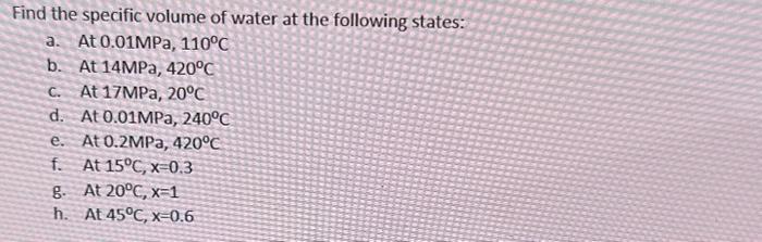 Solved Find the specific volume of water at the following | Chegg.com
