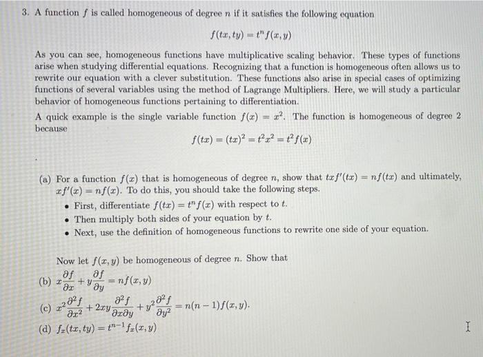 Solved 3. A function f is called homogeneous of degree n if | Chegg.com