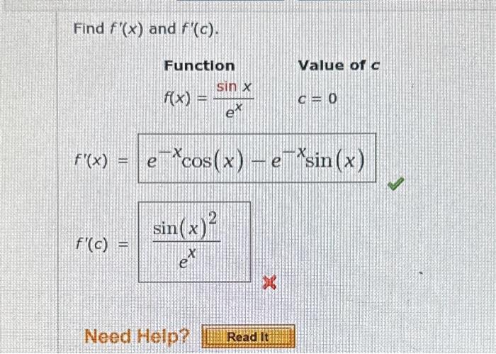 Solved Find f′(x) and f′(c). Function Value of c | Chegg.com