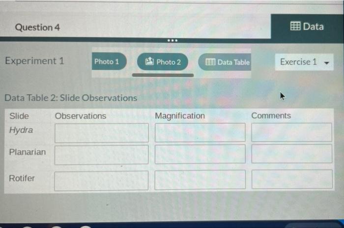 Solved Question 4 ! Data Experiment 1 Photo 1 Photo 2 EFE | Chegg.com