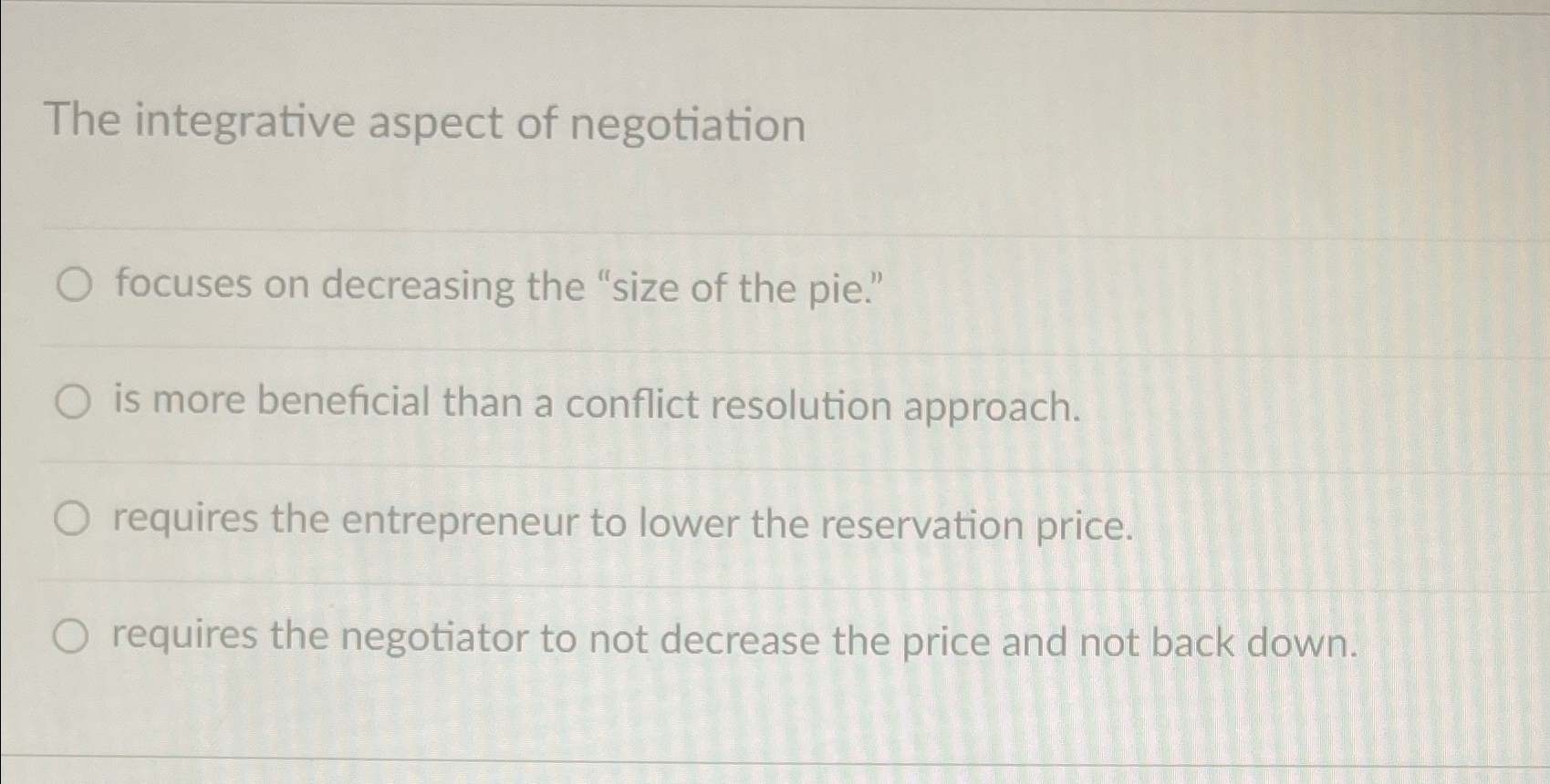 Solved The integrative aspect of negotiationfocuses on | Chegg.com