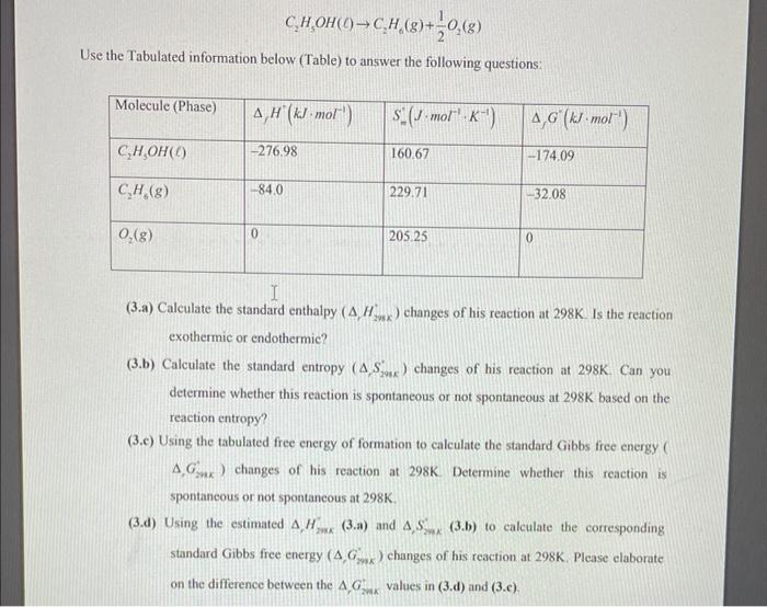 Solved C2H5OH(ℓ)→C2H6( g)+21O2( g) Use the Tabulated | Chegg.com